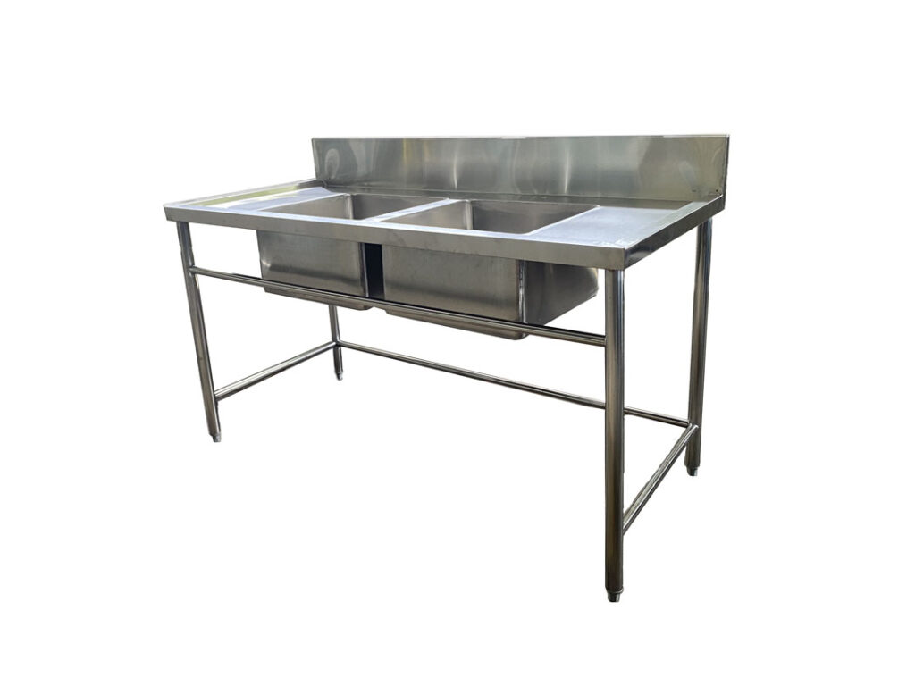 Double-Bowl-Sink-Table-With-2-Tier-Overshelf - VChoose